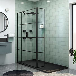Milan Wet Room Shower Screen Matt Black Grid with Flipper Panel- 8mm ...